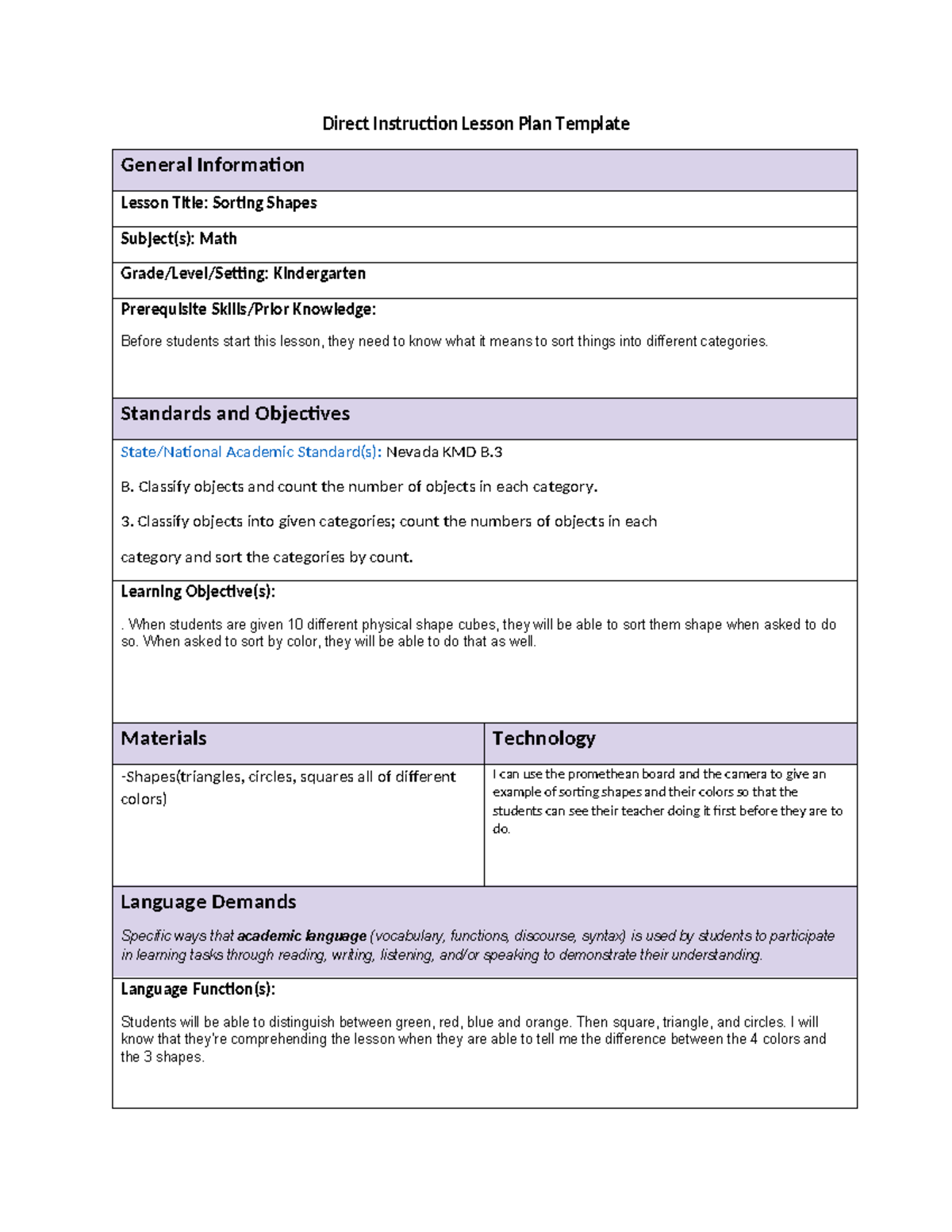 C109 lesson plan - Direct Instruction Lesson Plan Template General ...