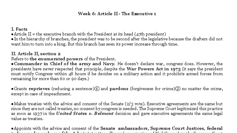 Week 6: Article II - The Executive Branch Overview and Powers - Studocu