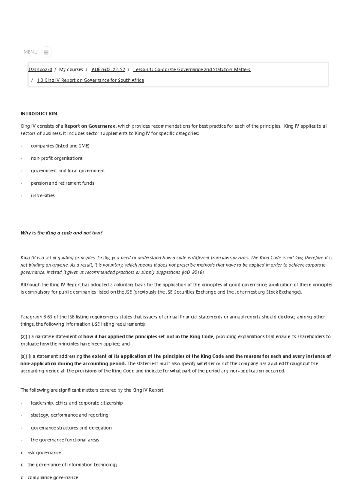 AUE2602-22-S2 Lesson 1.3: Overview of King IV Governance Report - Studocu