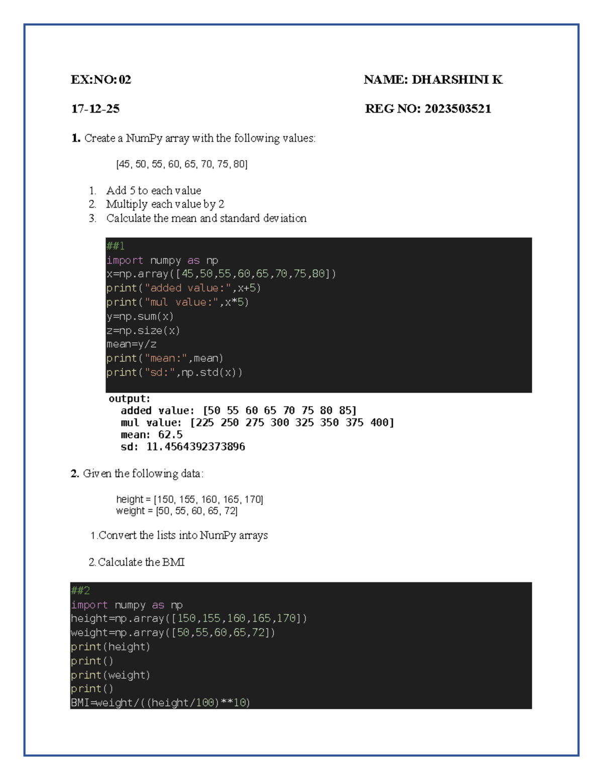 Lab 2: NumPy Data Analysis & Visualization (2023503521) - Studocu