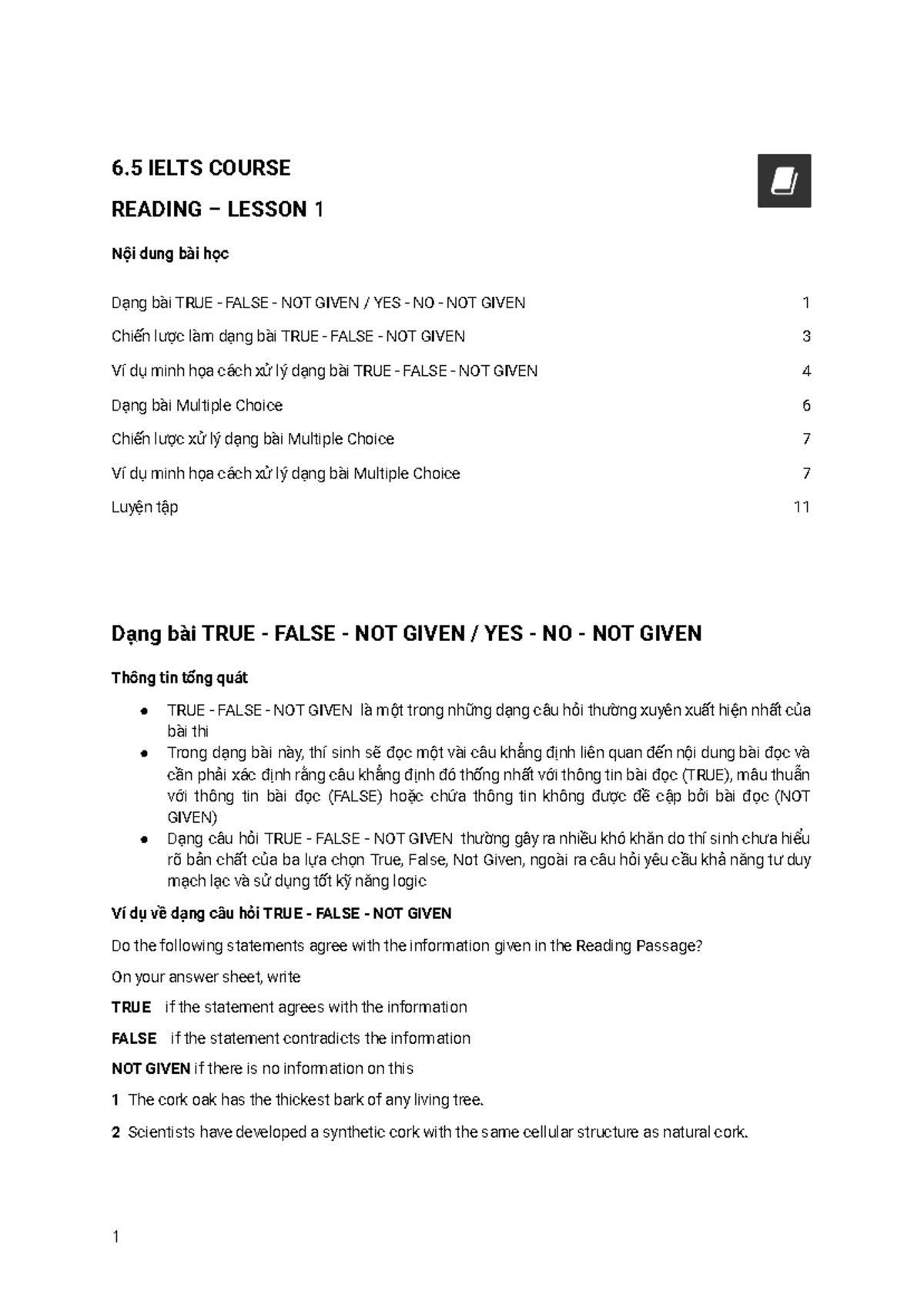 6.5 IELTS Reading Lesson 1: Strategies for TRUE/FALSE/NOT GIVEN - Studocu