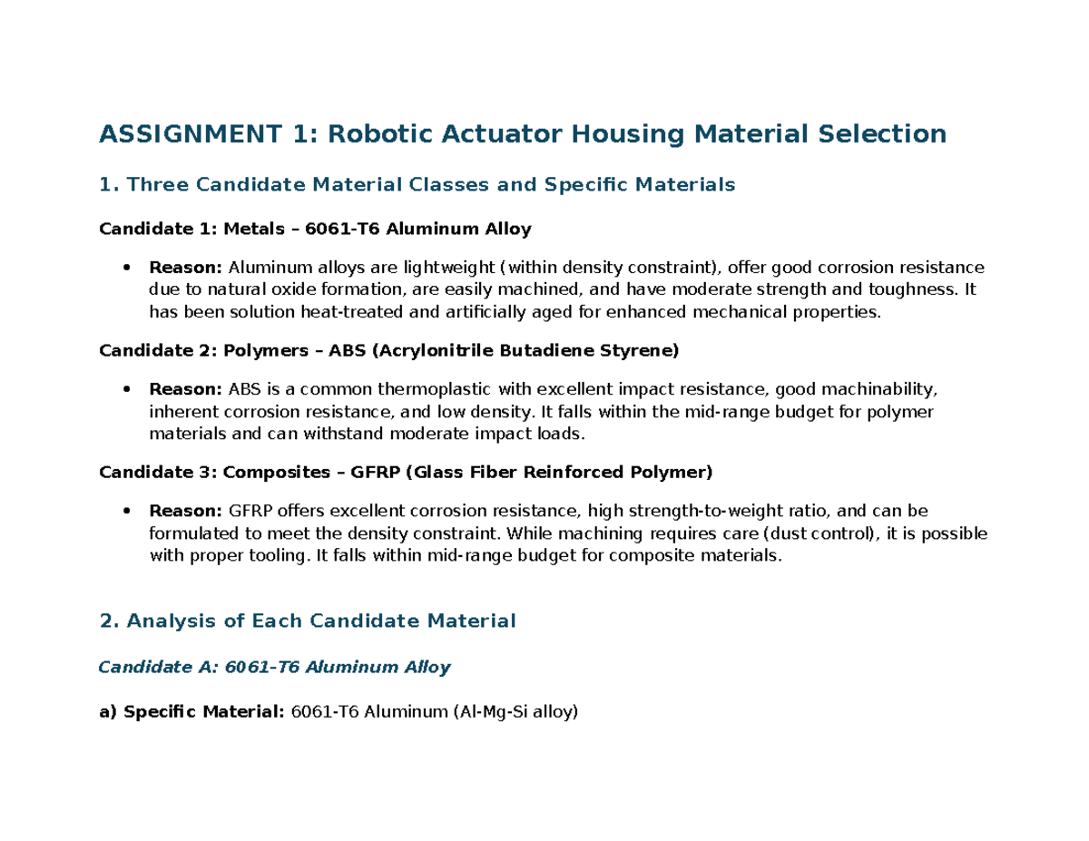 Assignment 1: Material Selection for Robotic Actuator Housing - Studocu