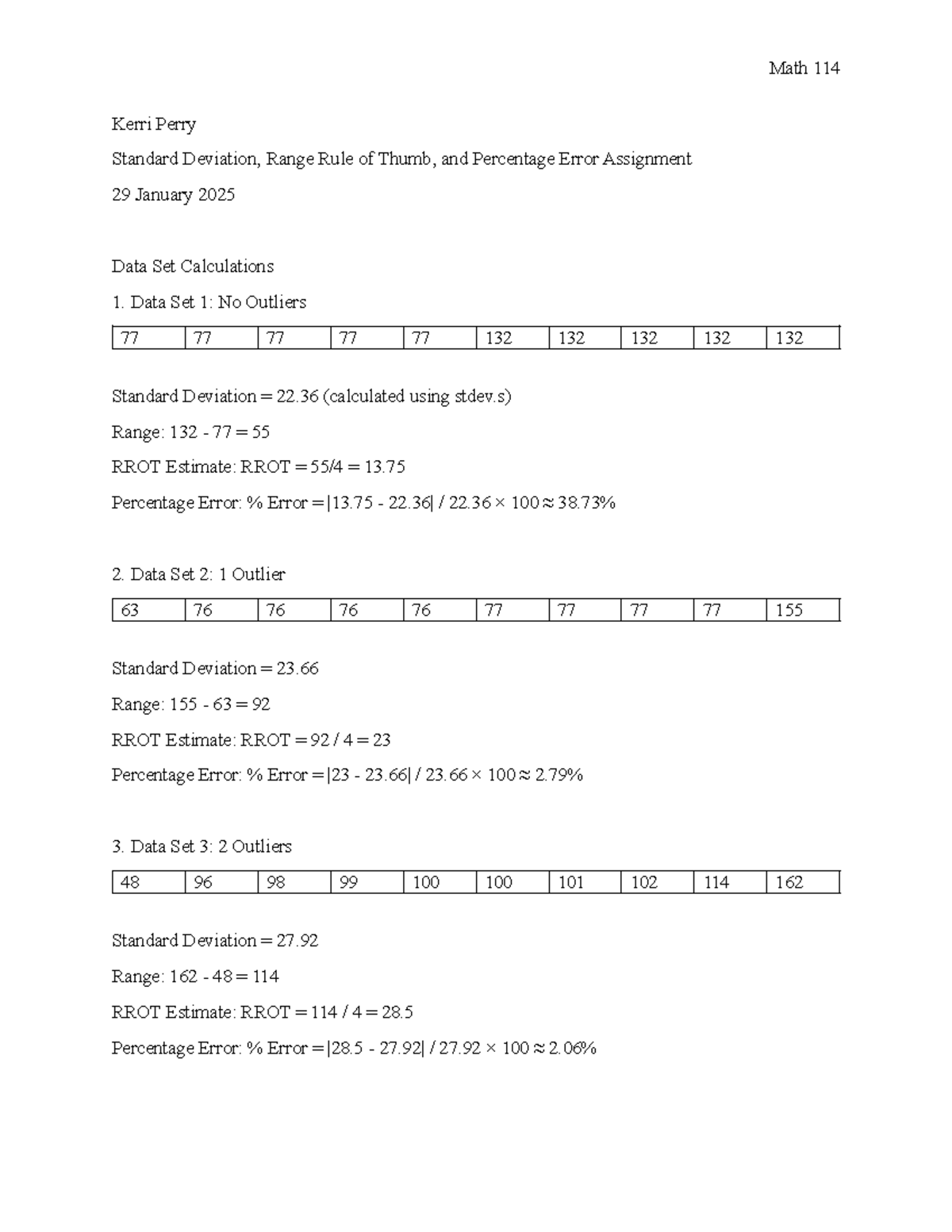 SD Math 114 - Standard Deviation assignment - Math 114 Kerri Perry Standard Deviation, Range ...