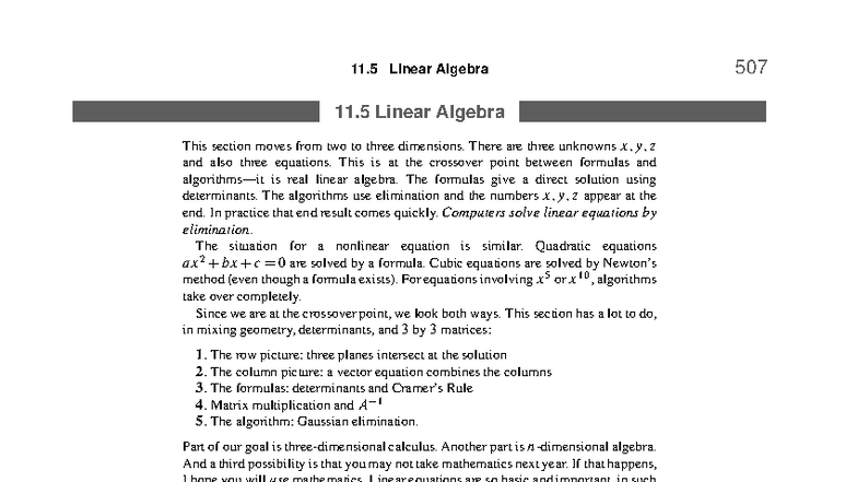 CH507 11.5 Linear Algebra: 3D Equations & Solutions Summary - Studocu
