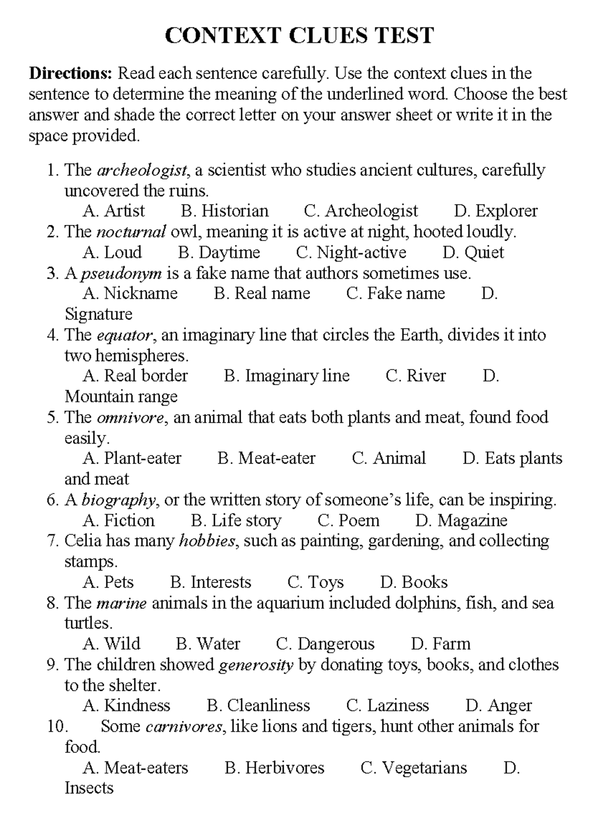 Context Clues Test: Vocabulary & Sentence Structure Analysis - Studocu