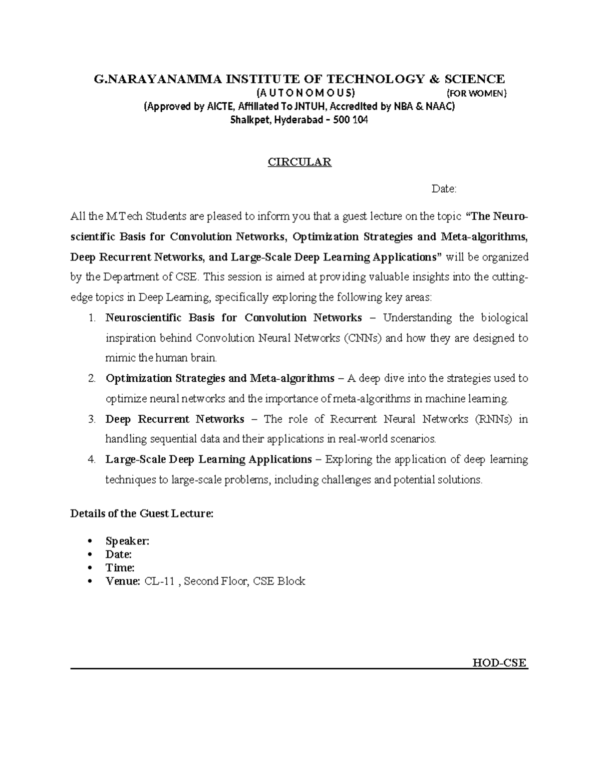 CSE M.Tech Guest Lecture Circular: Deep Learning Insights - Studocu