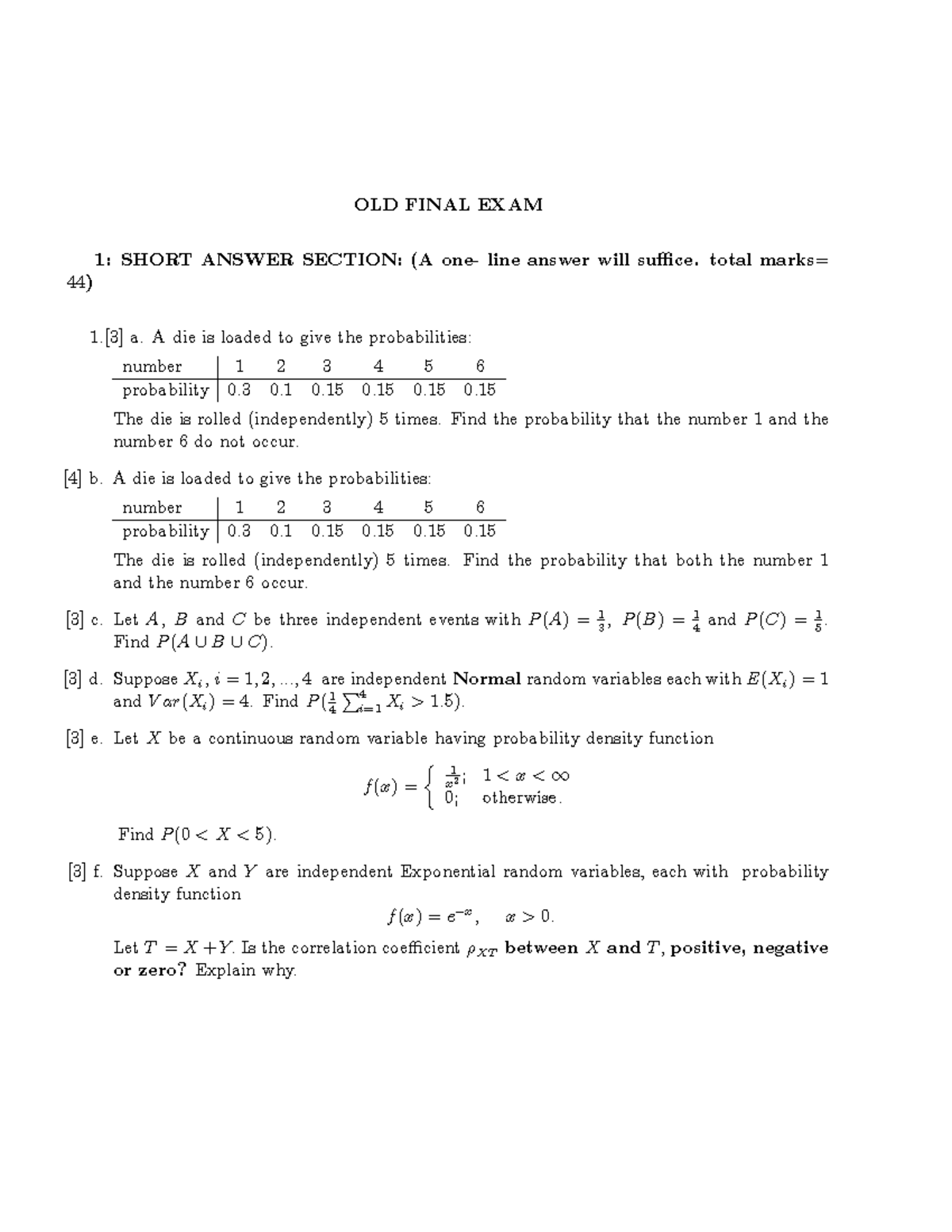 Past Final Exam 1: Probability and Statistics Questions - Studocu