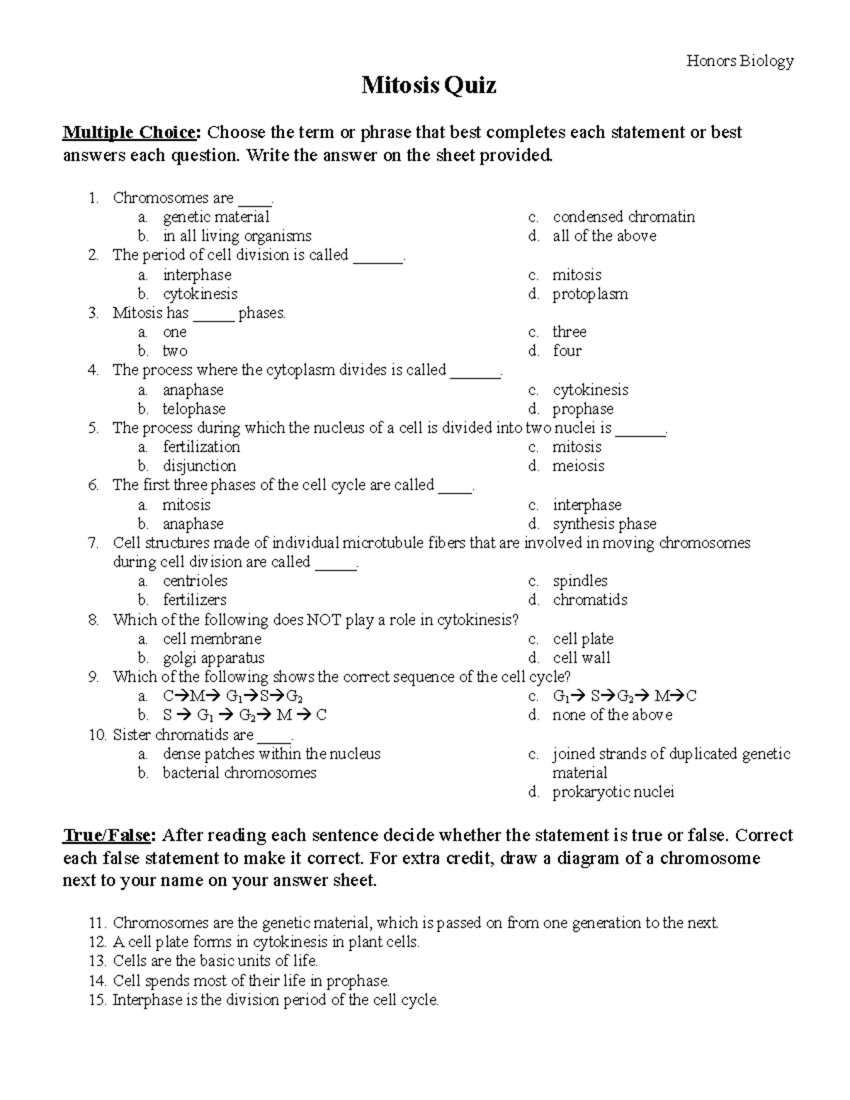 7.07Mitosis Quiz - mitosis! - Honors Biology Mitosis Quiz Multiple ...