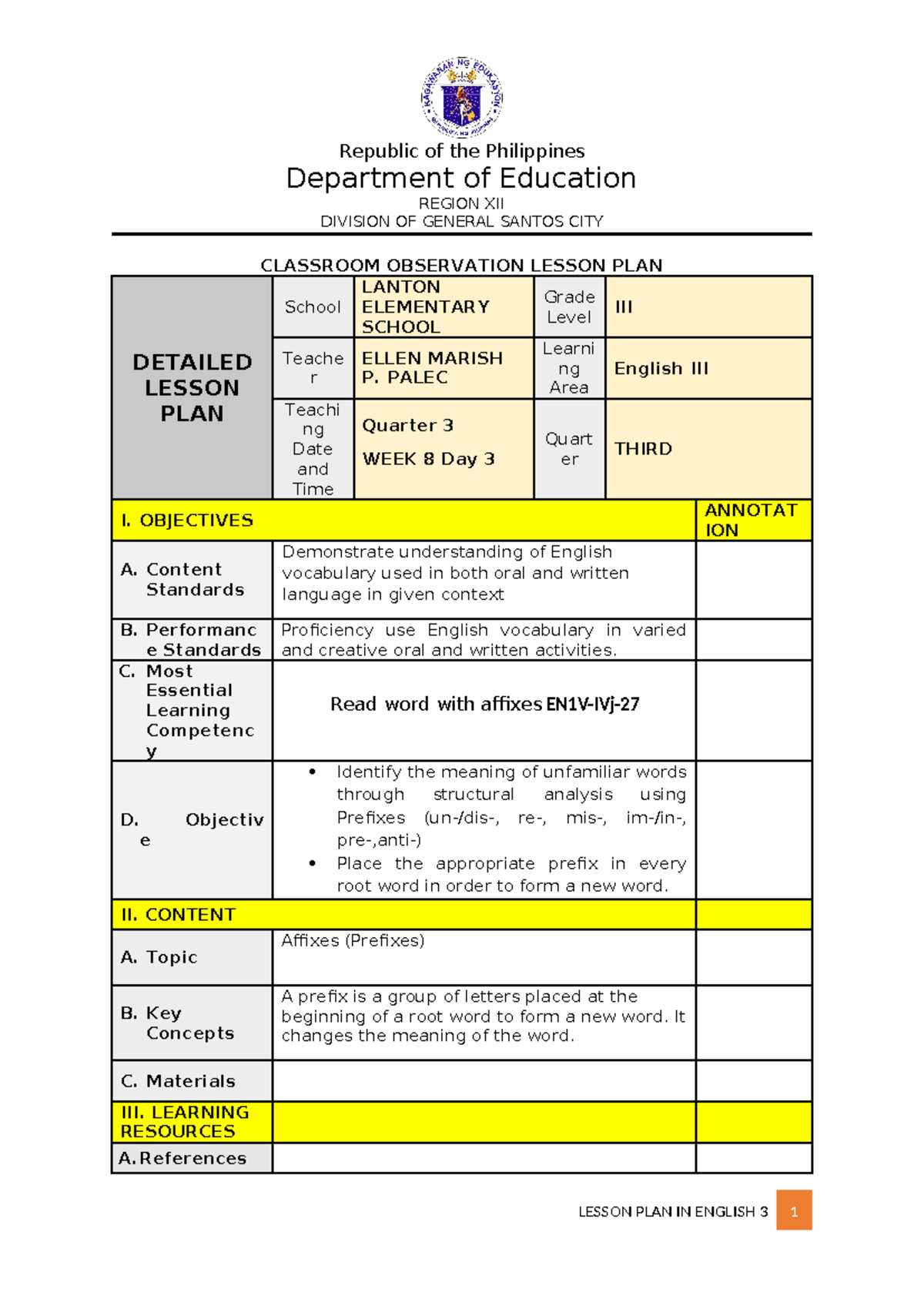 Detailed Lesson Plan for English 3: Understanding Prefixes and ...