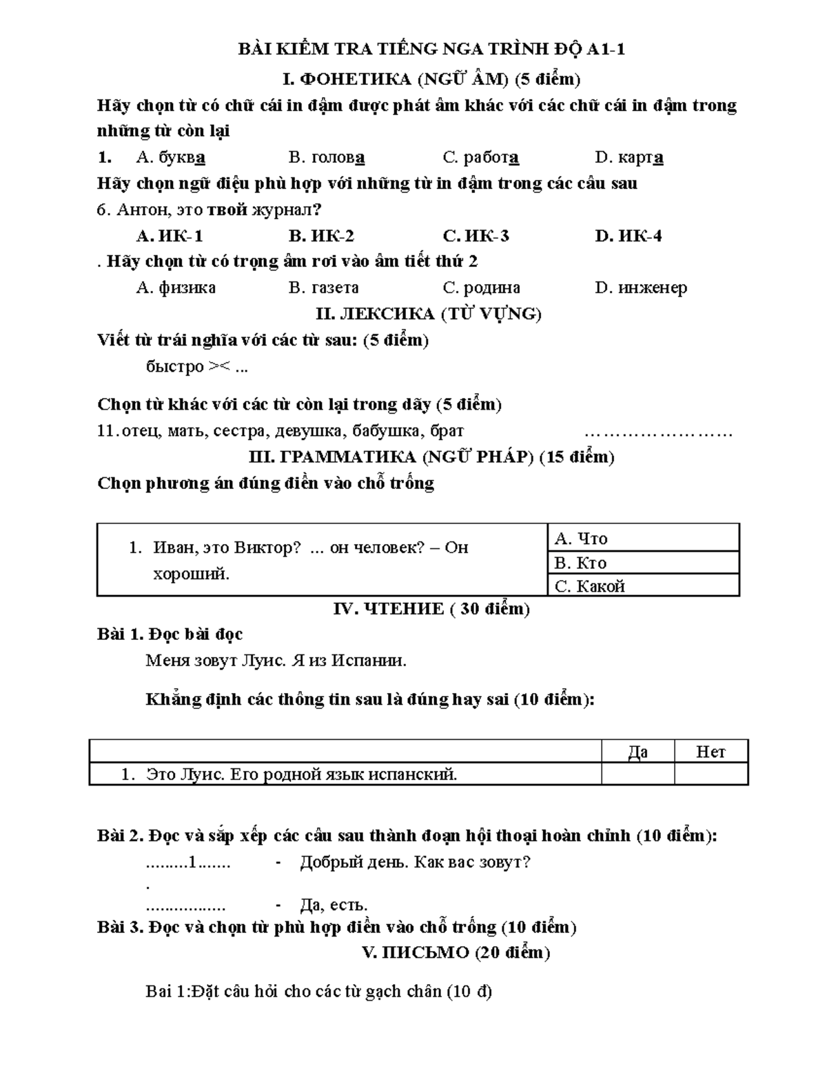 Bài Kiểm Tra Tiếng Nga A1-1: Hướng Dẫn Đề Và Các Phần Thi - Studocu