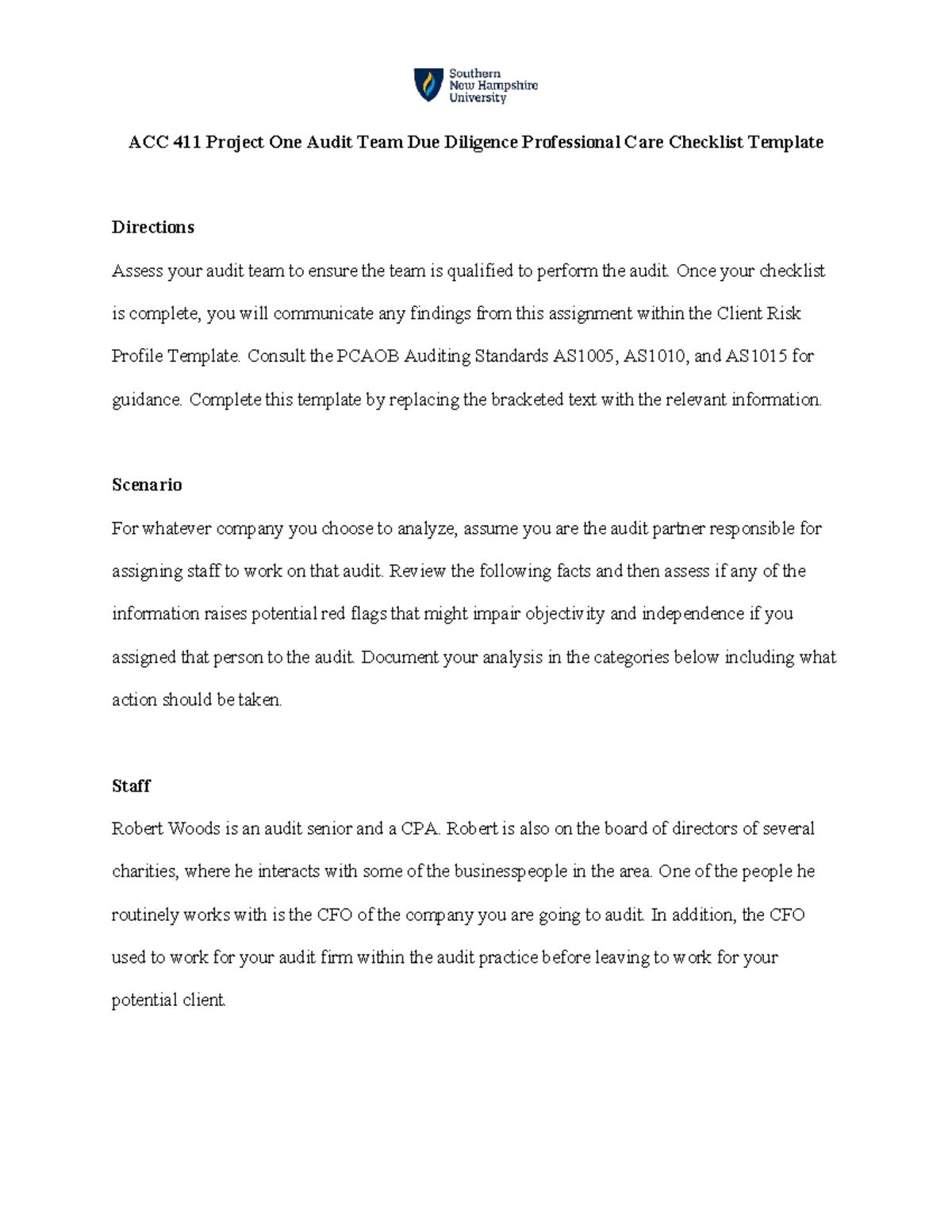 ACC 411 Project One Audit Team Due Diligence Checklist Template - Studocu