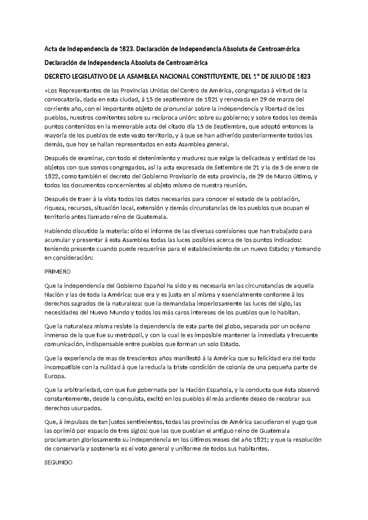 Acta de Independencia Absoluta de Centroamérica - 1823 - Studocu