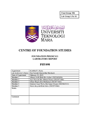 Electrical Resistance IN Series AND Parallel Physics LAB Report - CENTRE OF FOUNDATION STUDIES ...