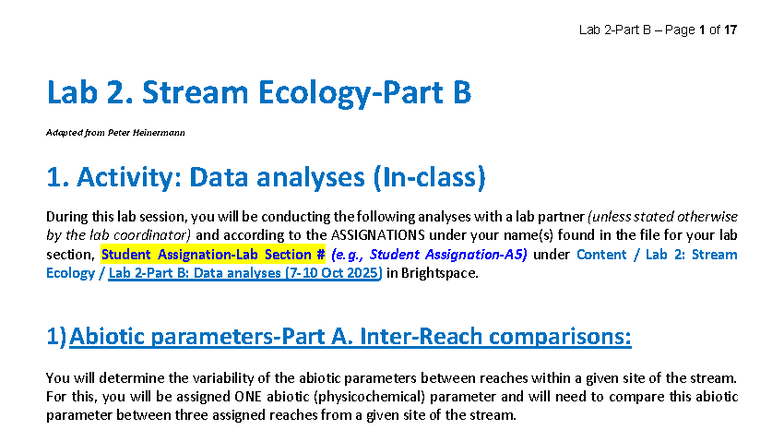 Lab 2B: Stream Ecology Data Analyses and Biodiversity Assessment 2025 ...