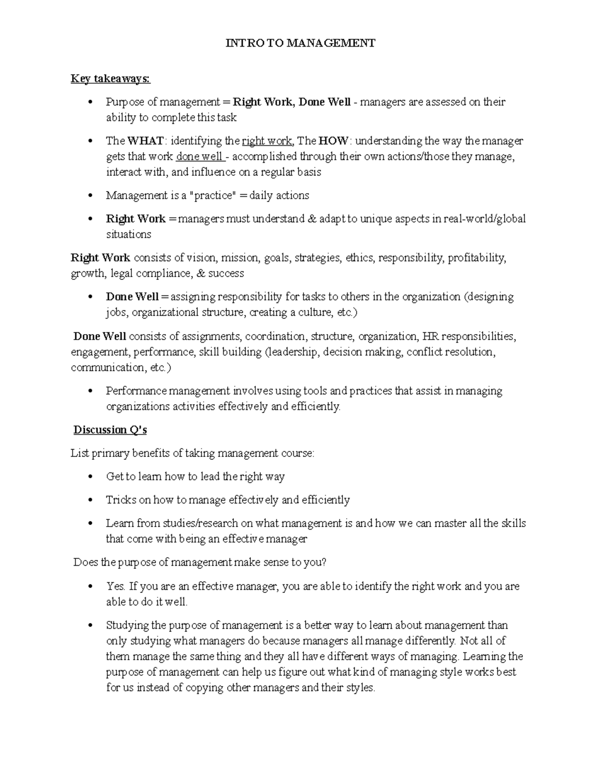 Chapter 1 Study Guide - Management - INTRO TO MANAGEMENT Key takeaways: Purpose of management ...