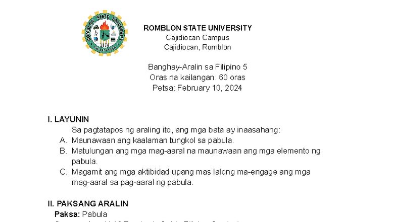 DLP sa Filipino 4: Pabula at mga Elemento nito - Studocu