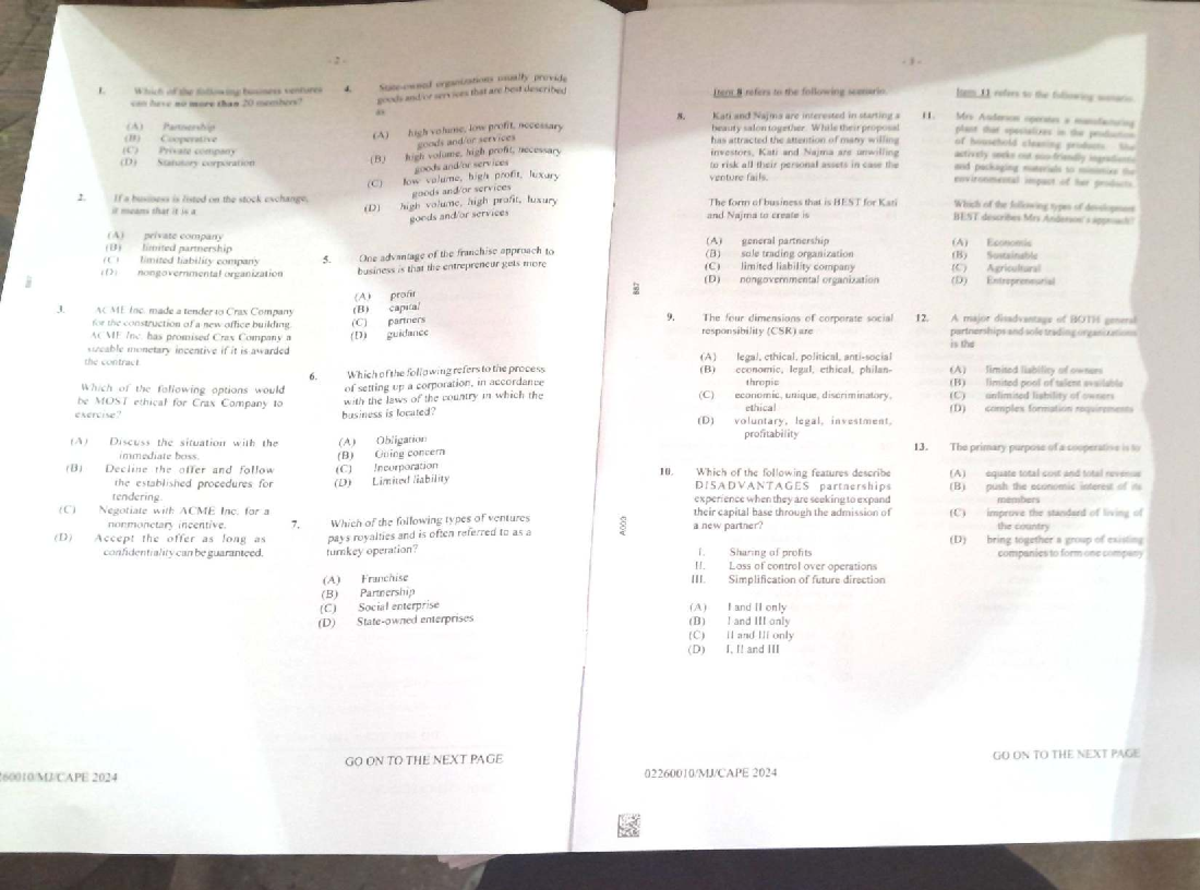 Entrep Unit 2 CAPE 2024 Paper 01 - Exam Questions & Scenarios - Studocu