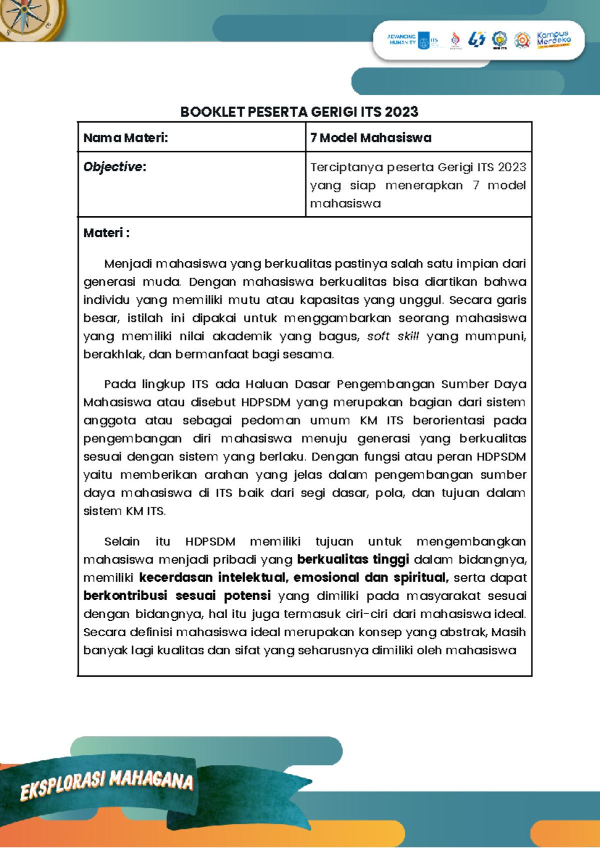 Booklet Peserta Gerigi ITS 2023: 7 Model Mahasiswa dan Implementasinya ...