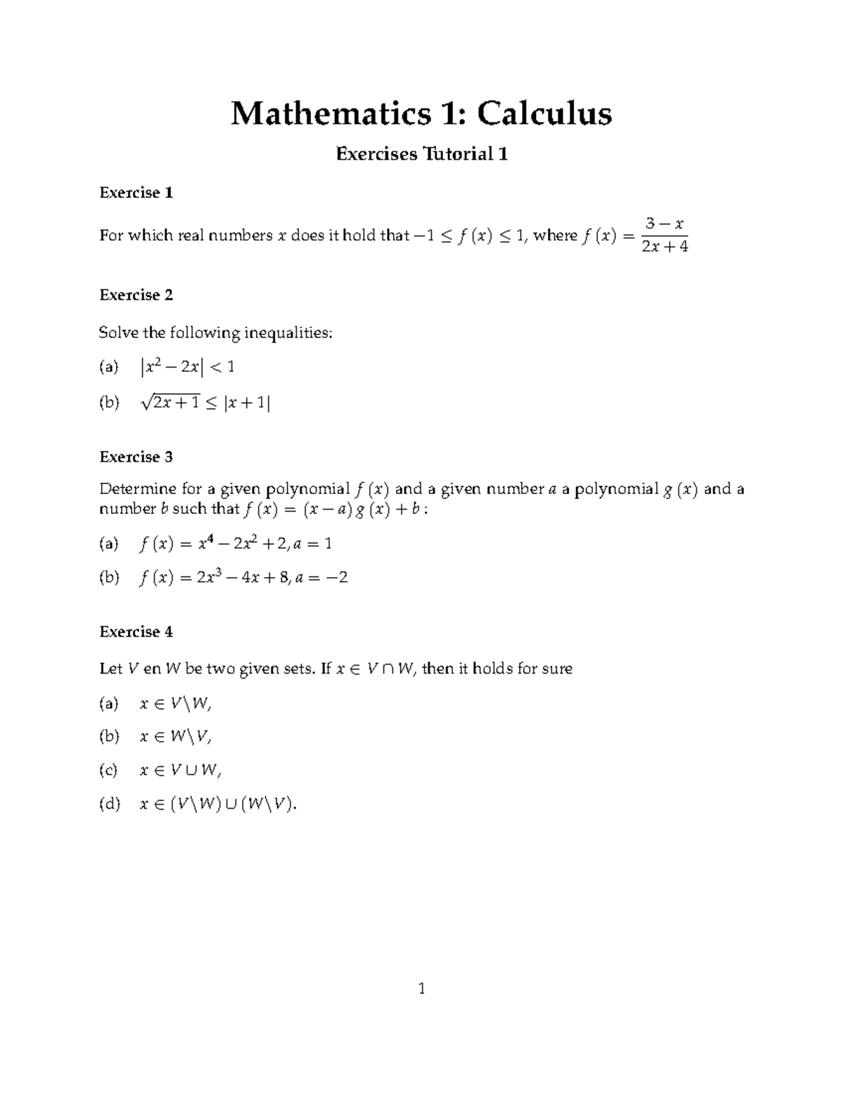 Math1Calculus - Tutorial 1 Exercises and Solutions Guide - Studeersnel