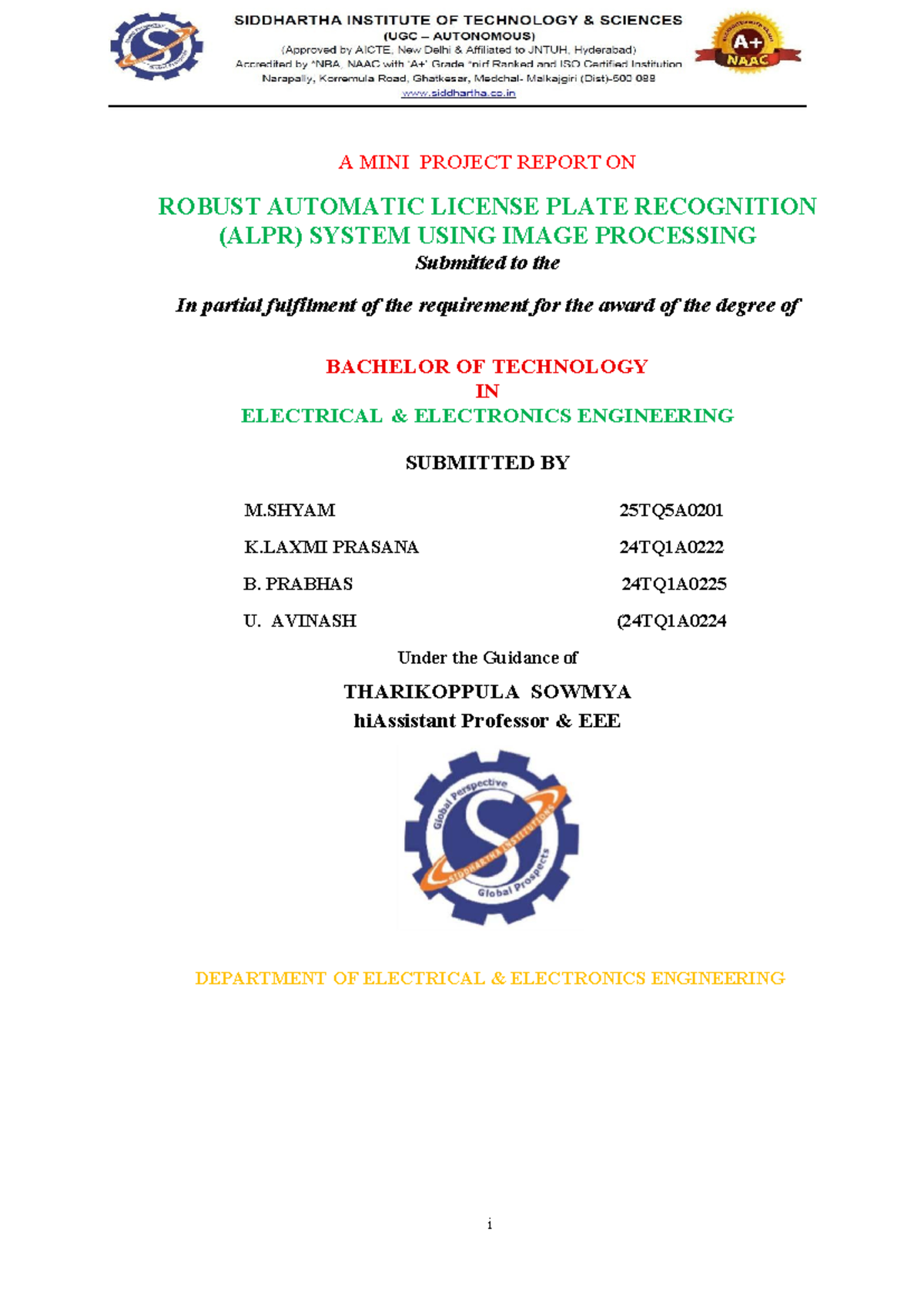 Mini Project Report: Robust ALPR System Using Image Processing (B.Tech ...