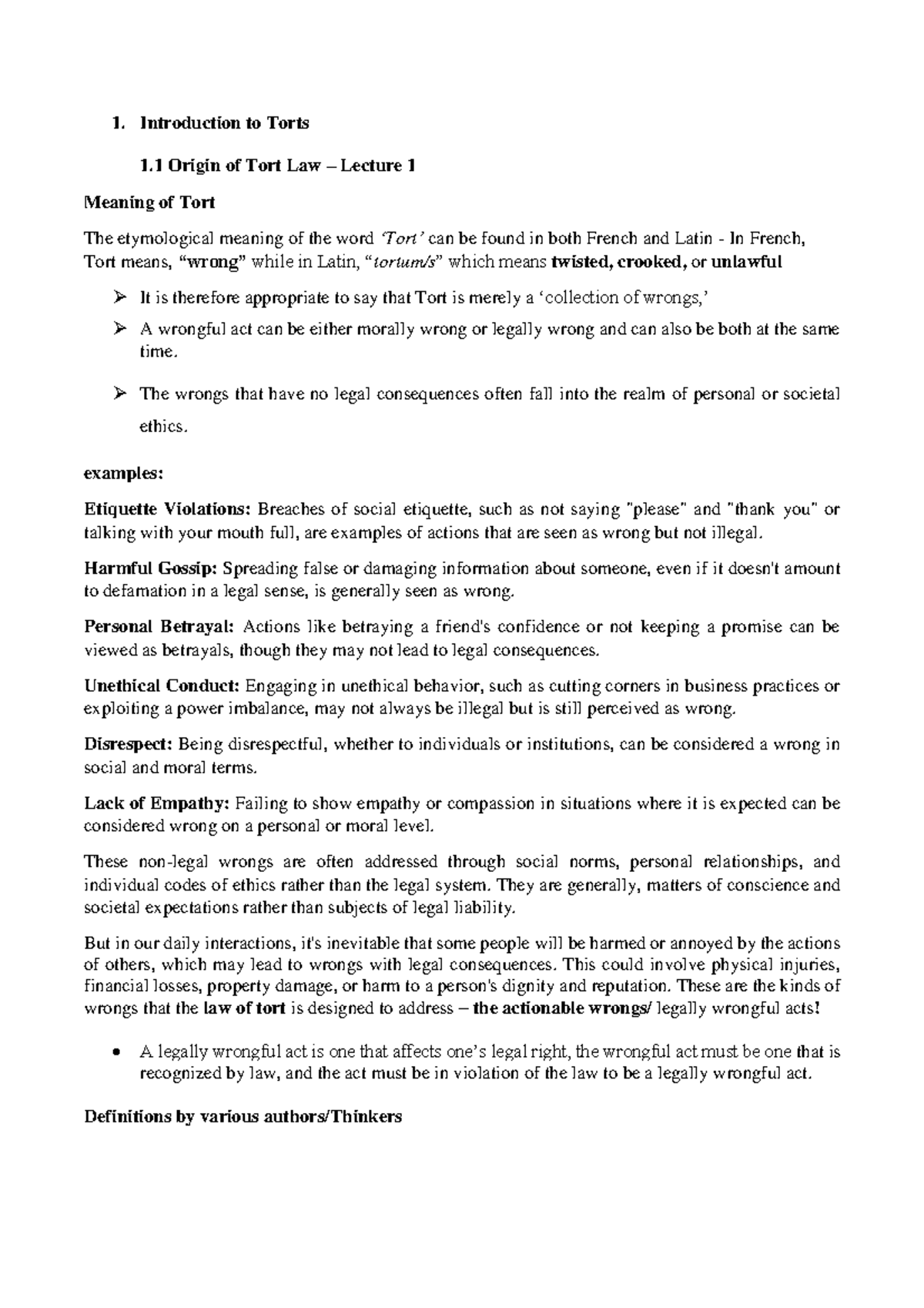 LAW OF Torts 1 Lecture Notes: Understanding Torts & Legal Concepts ...