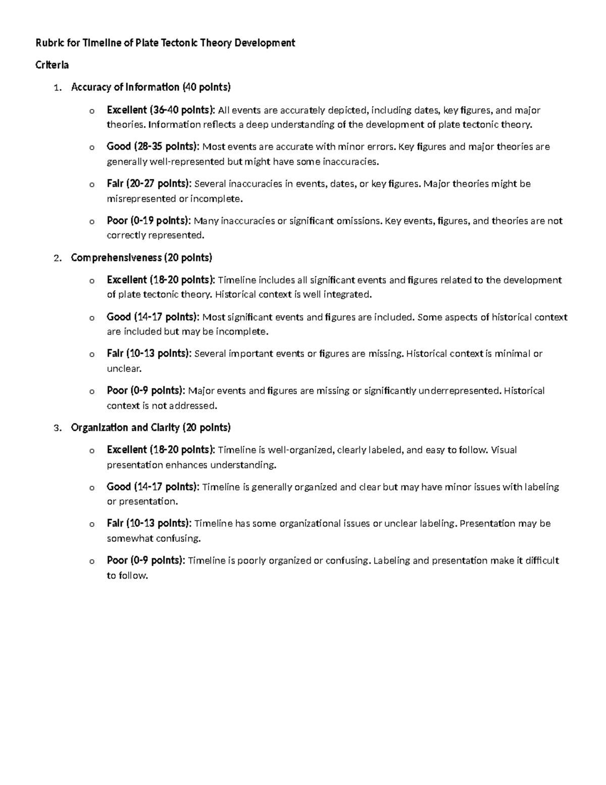 Timeline Rubric - None - Rubric for Timeline of Plate Tectonic Theory ...