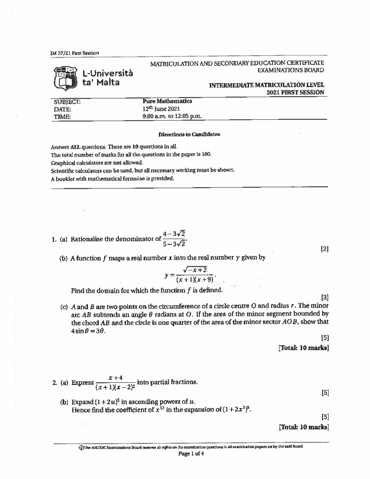 2021May - Past paper practice - IM First Session MATRICULATION AND ...