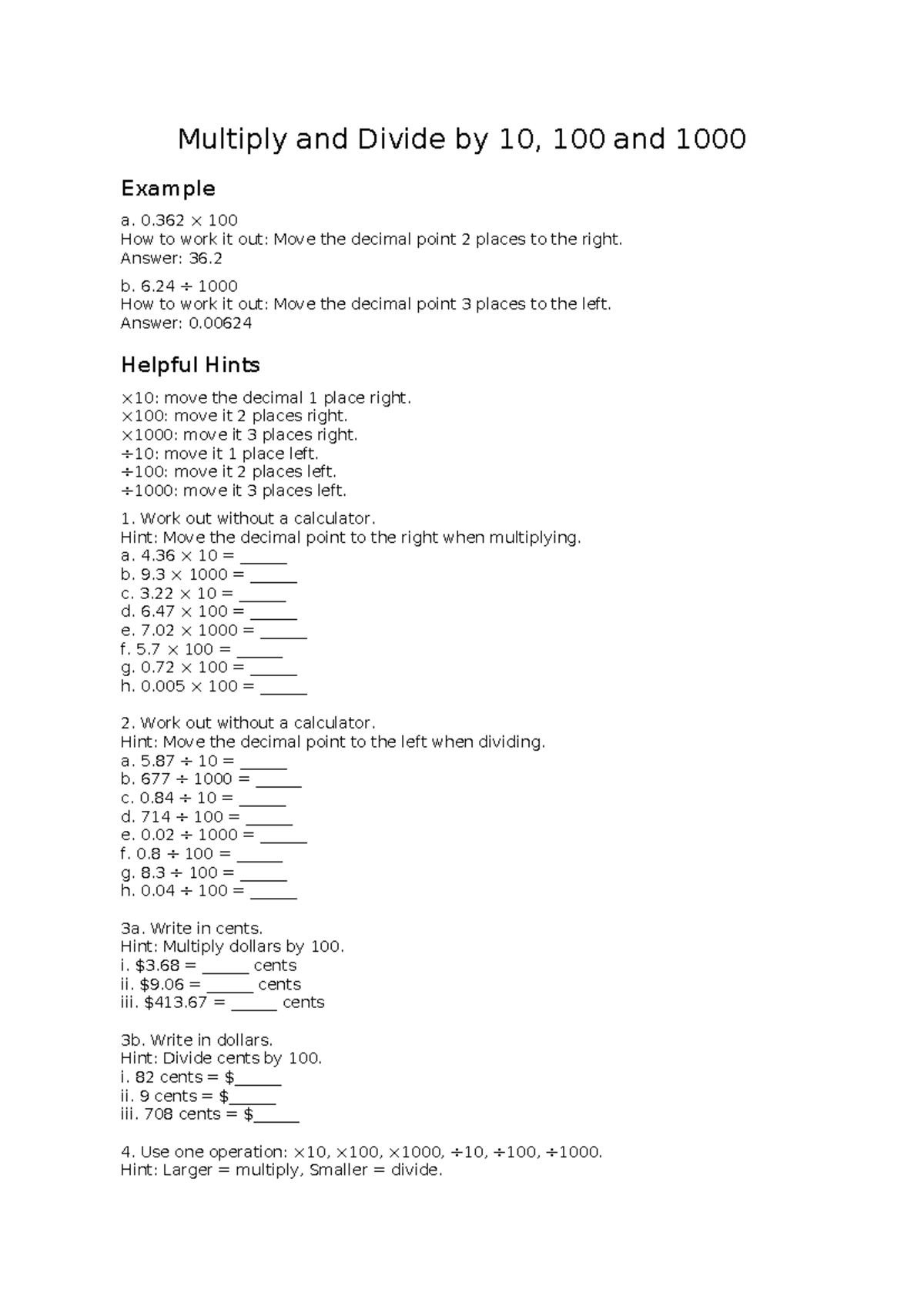 Multiply and Divide by 10, 100, 1000: Worksheet Q1-Q5 - Studocu