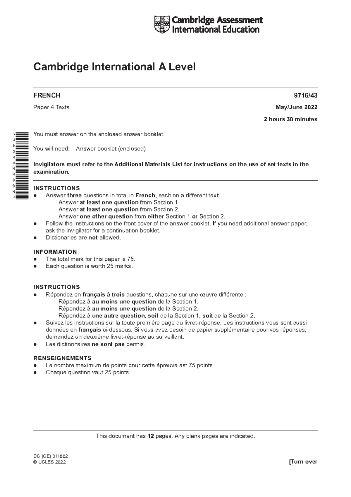 Cambridge International A Level FRENCH Paper 4 Texts Exam Instructions ...