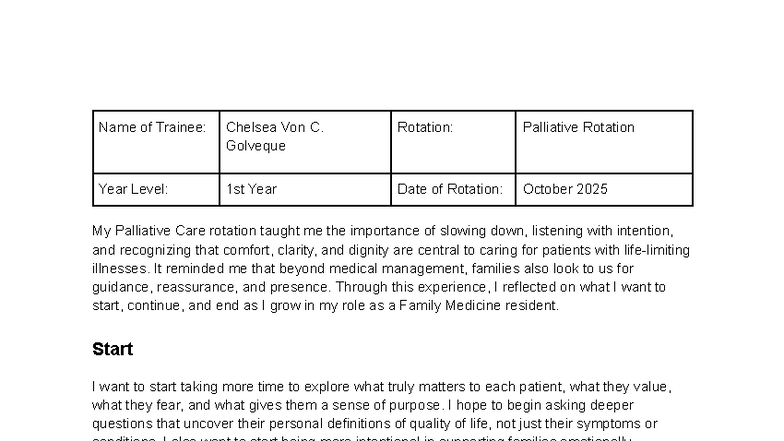 October 2025 Palliative Care Rotation Reflection and Insights - Studocu
