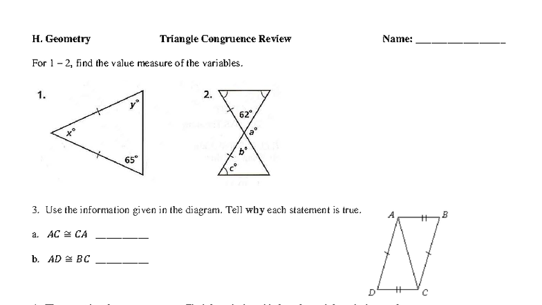 Triangle Congruence Review (Geometry 1211) - Studocu