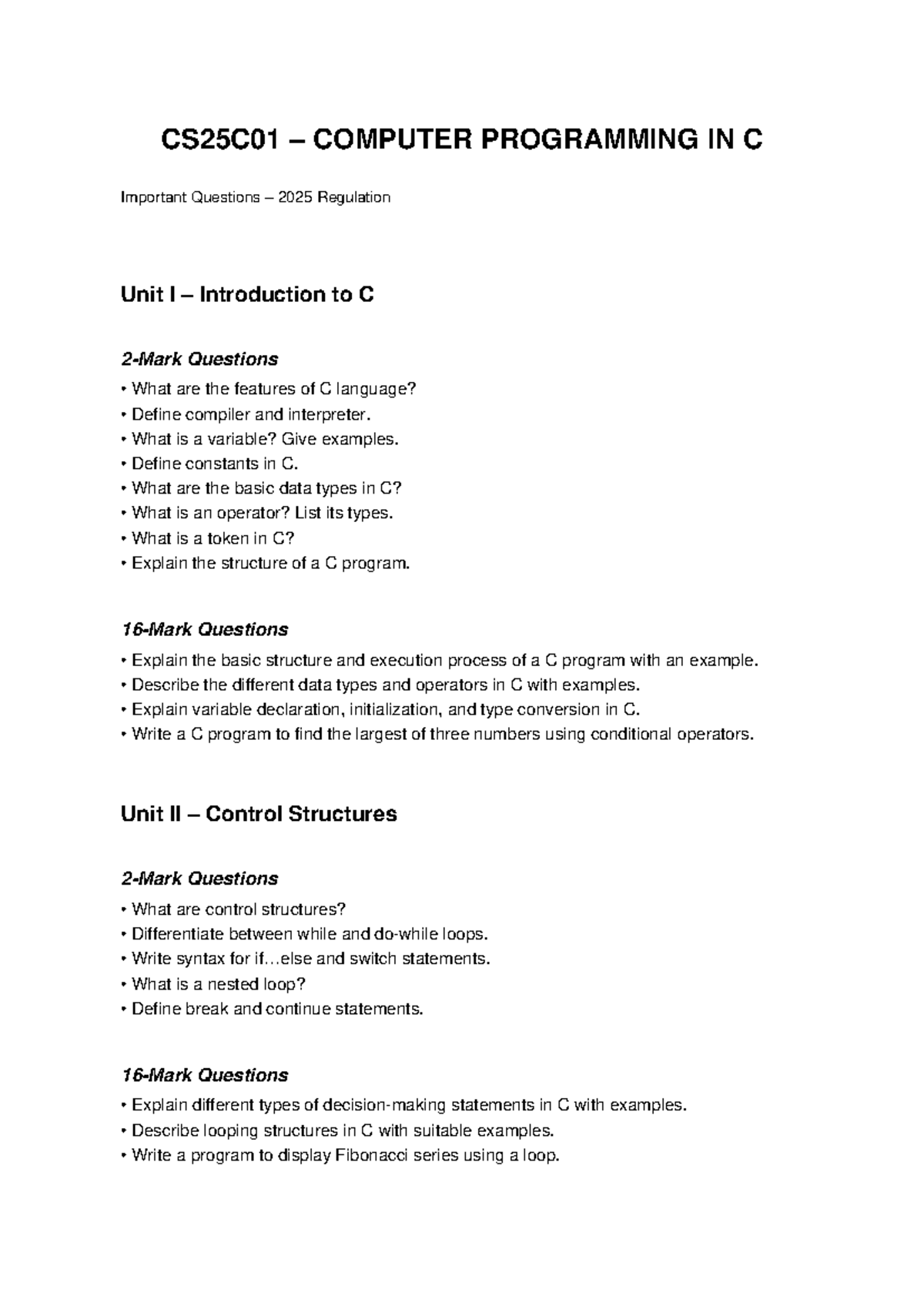 CS25C01 COMPUTER PROGRAMMING IN C Important Questions & Topics 2025 ...