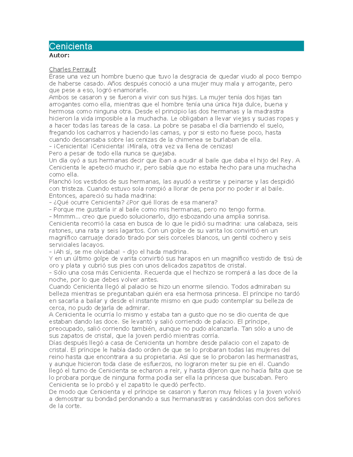 Cenicienta: Resumen del cuento de Charles Perrault - Studocu