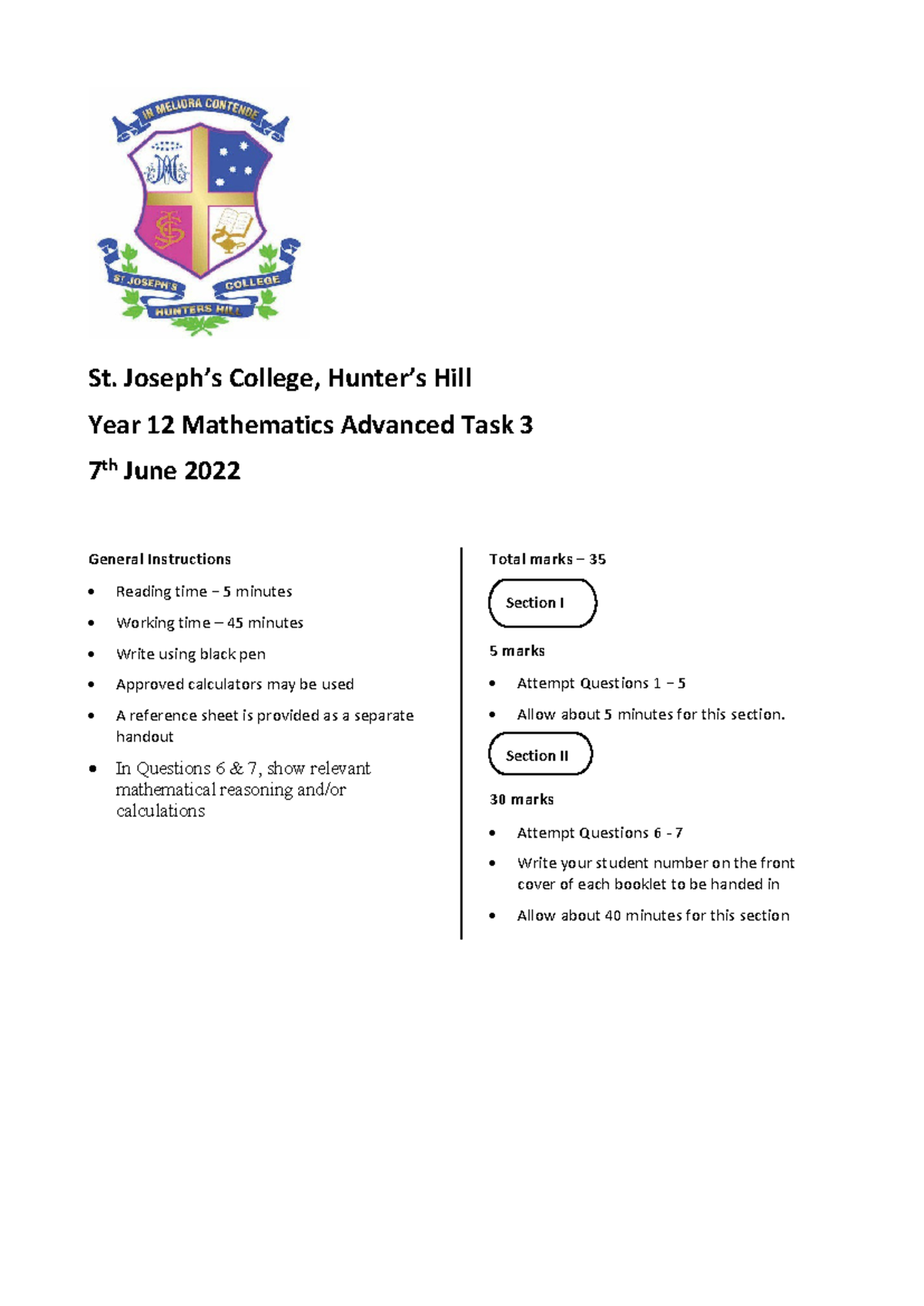 Year 12 Mathematics Advanced Task 3 - St. College, Hill - Studocu