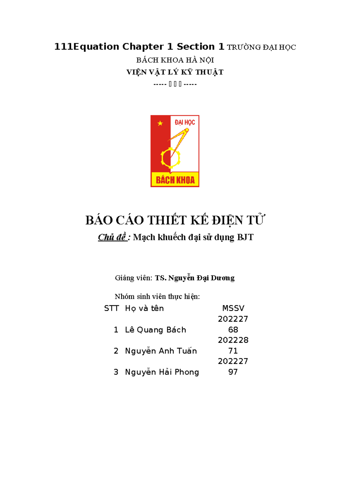 Báo cáo Đồ án Mạch Khuếch Đại Sử Dụng BJT - ĐH Bách Khoa Hà Nội - Studocu