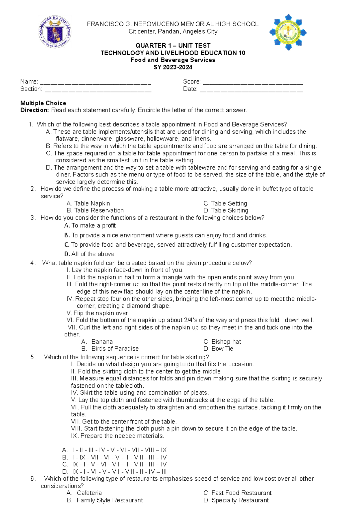 UNIT TEST - FBS 10: Comprehensive Assessment in Food & Beverage ...