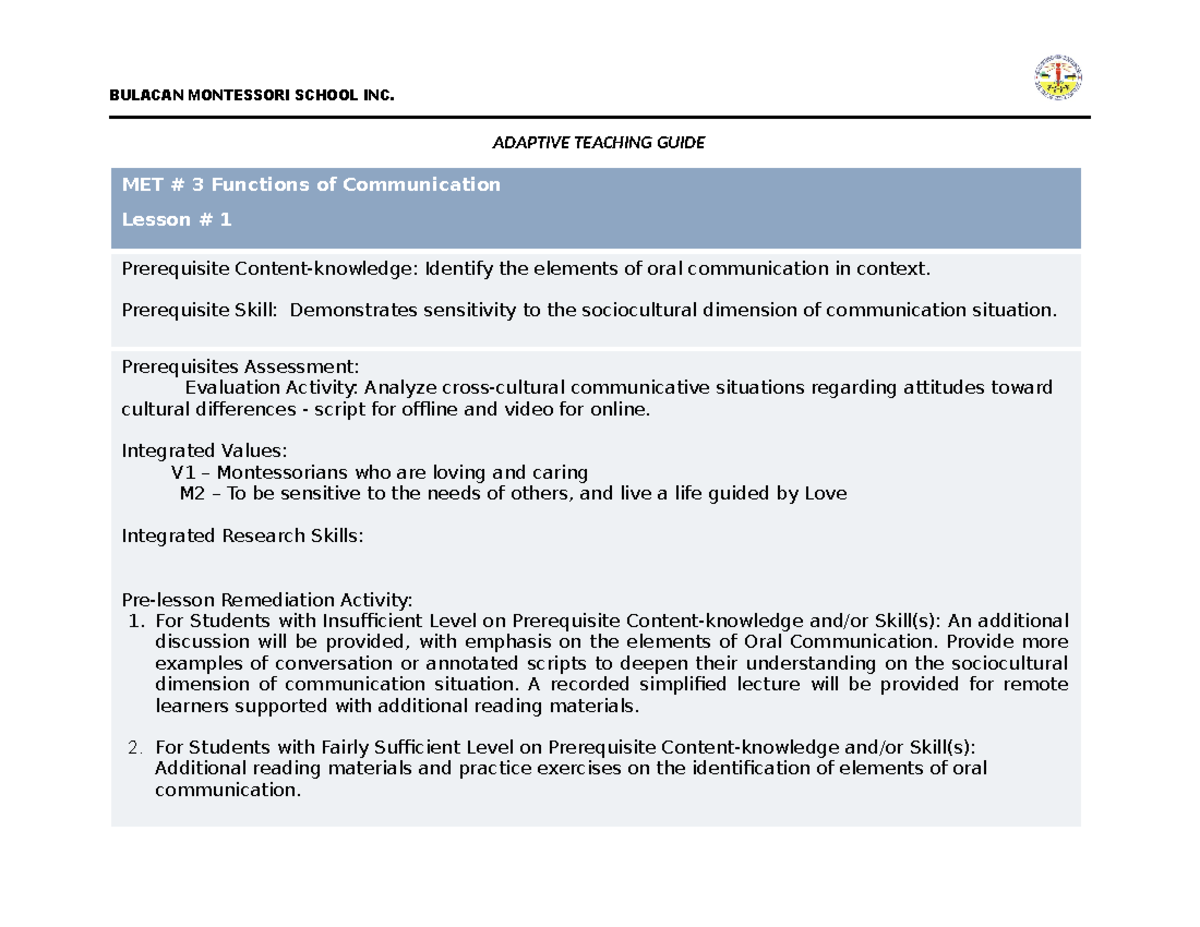 Adaptive Teaching Guide (MET # 3) - Functions of Communication Lesson ...