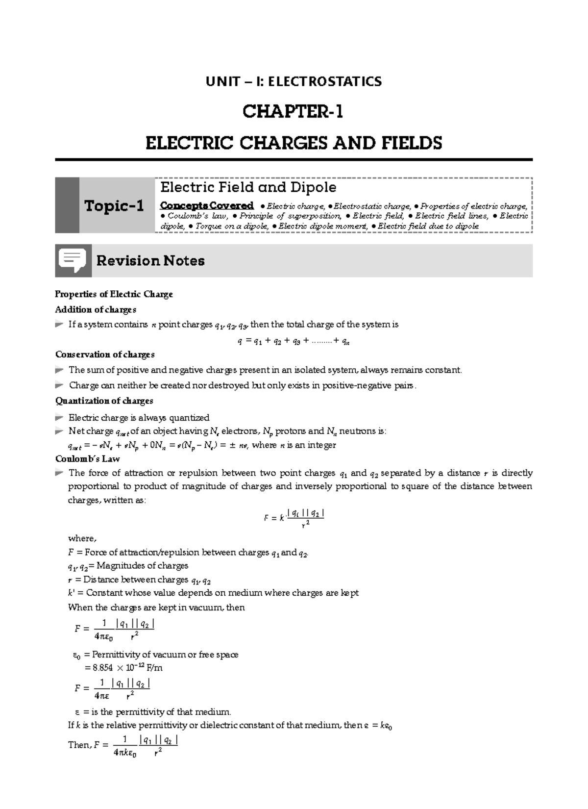 Revision Notes for Physics -12: Unit I - Electrostatics and Electric ...