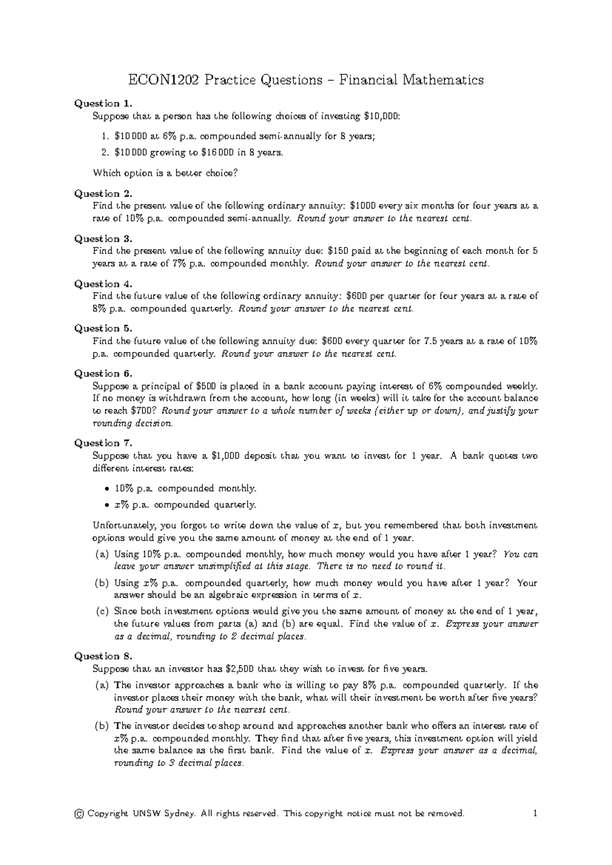 ECON1202 Financial Mathematics Practice Questions and Solutions - Studocu