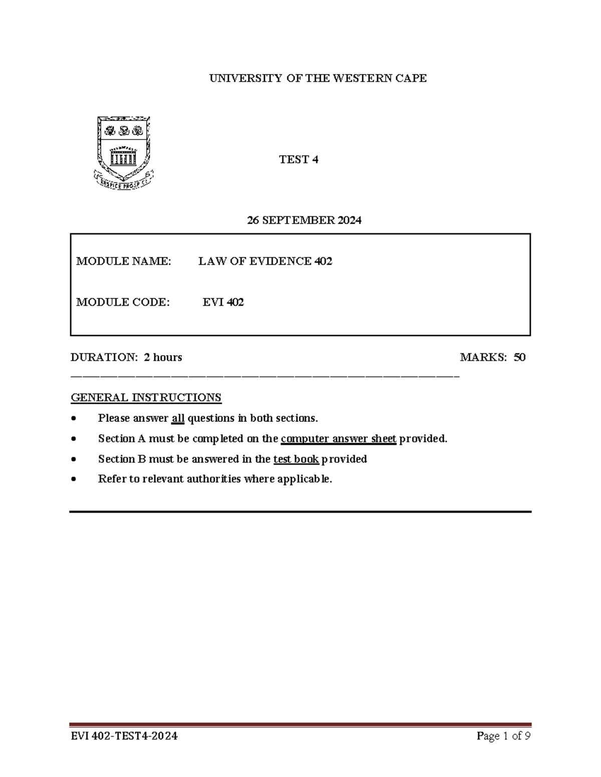 TEST 4 EVI 402 - Law of Evidence Past Paper (September 2024) - Studocu