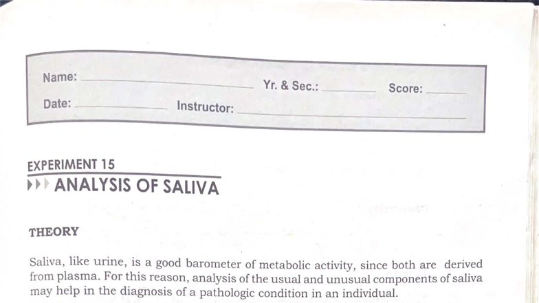 Biochemistry Lab Manual: Experiment 15 - Saliva Analysis - Studocu