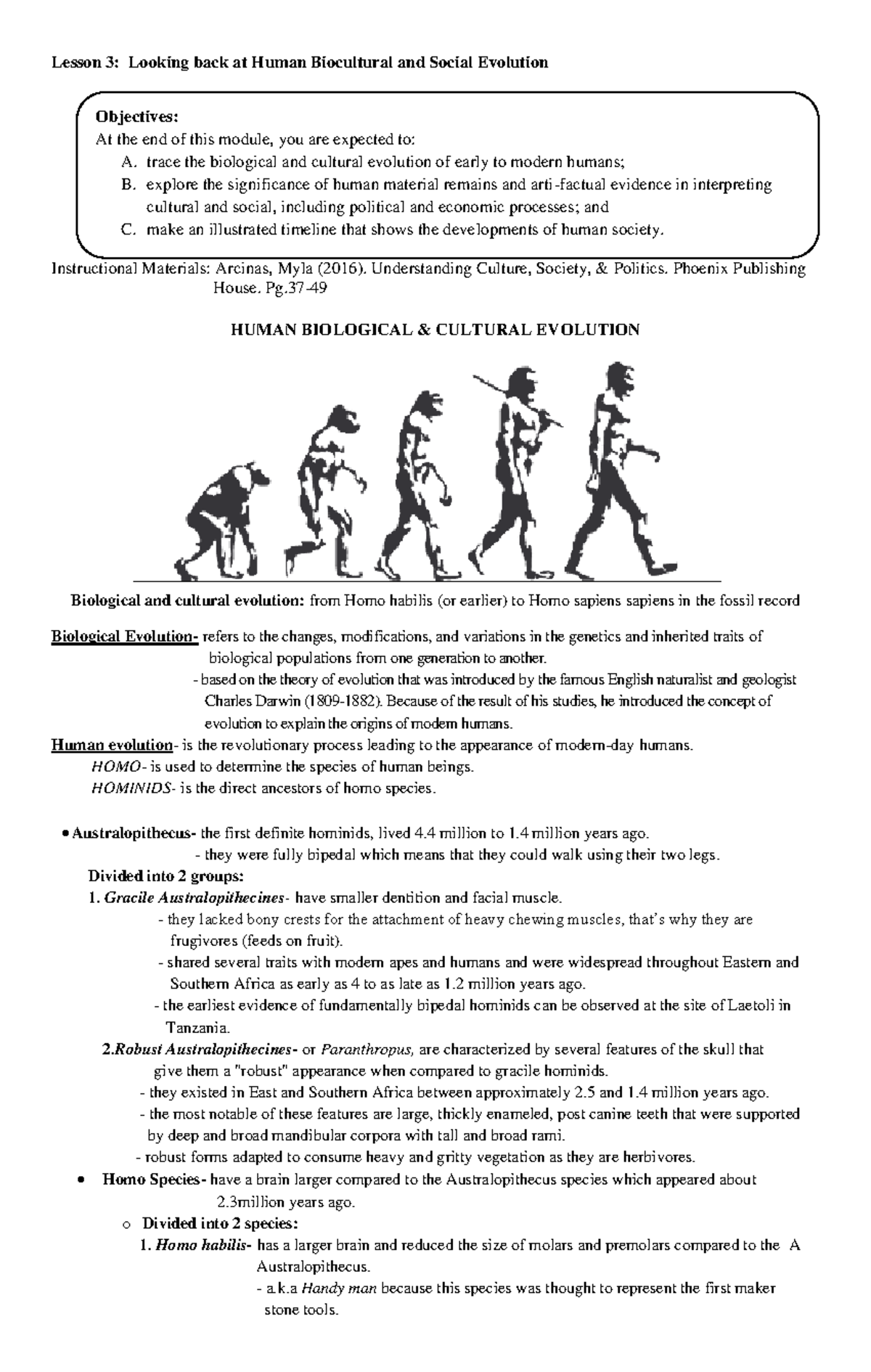 UCSP-Lesson 3: Insights into Human Biological and Cultural Evolution ...