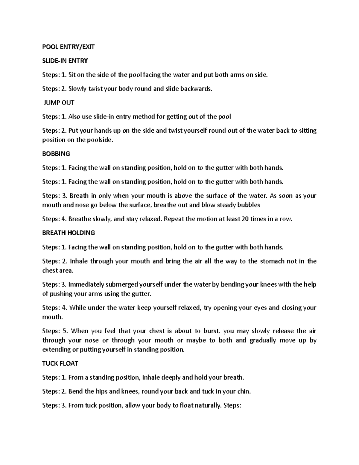 POOL Entry/Exit Techniques and Steps for Safe Swimming - Studocu