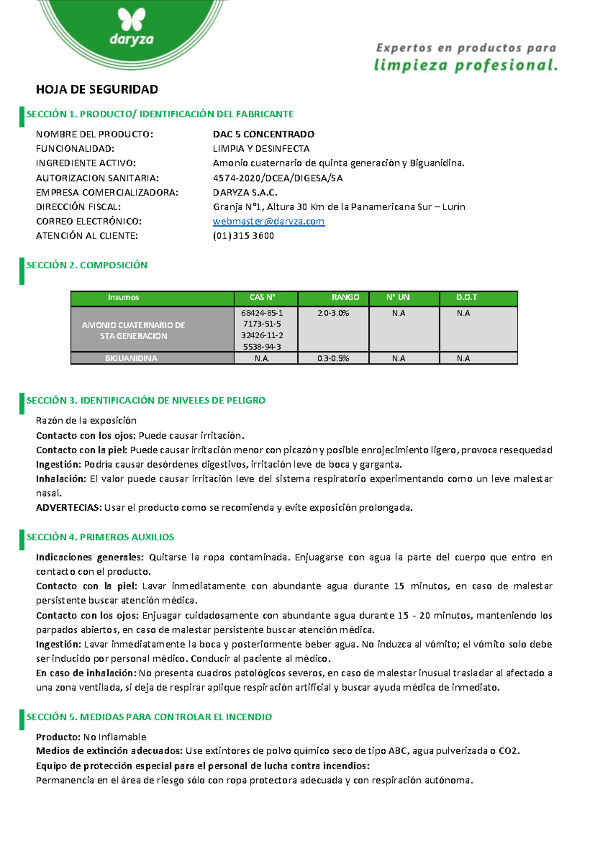30041 - Hoja de Seguridad para DAC 5 Concentrado (Desinfección) - Studocu
