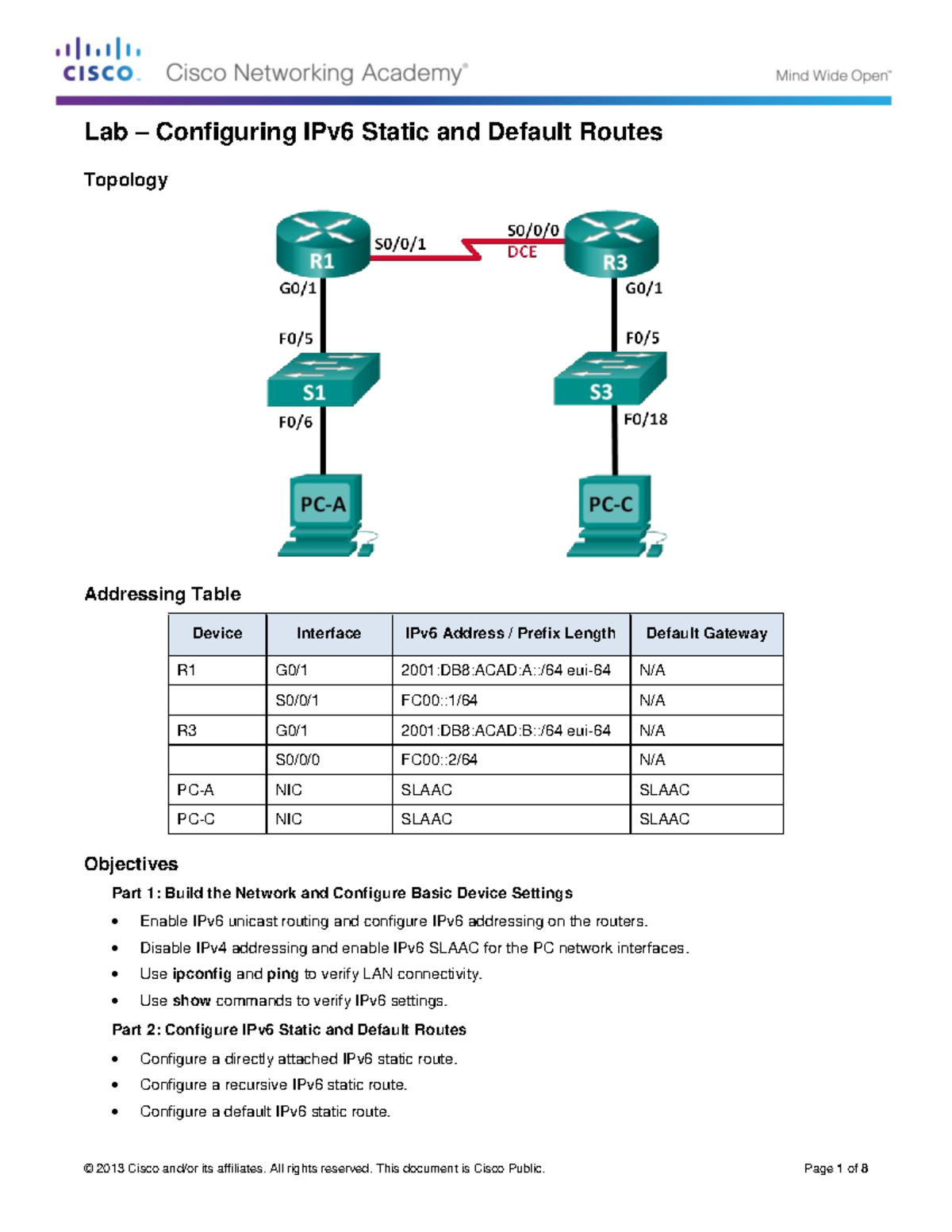2245 Lab Configuring Ipv6 Static And Default Routes Topology Addressing Table Device