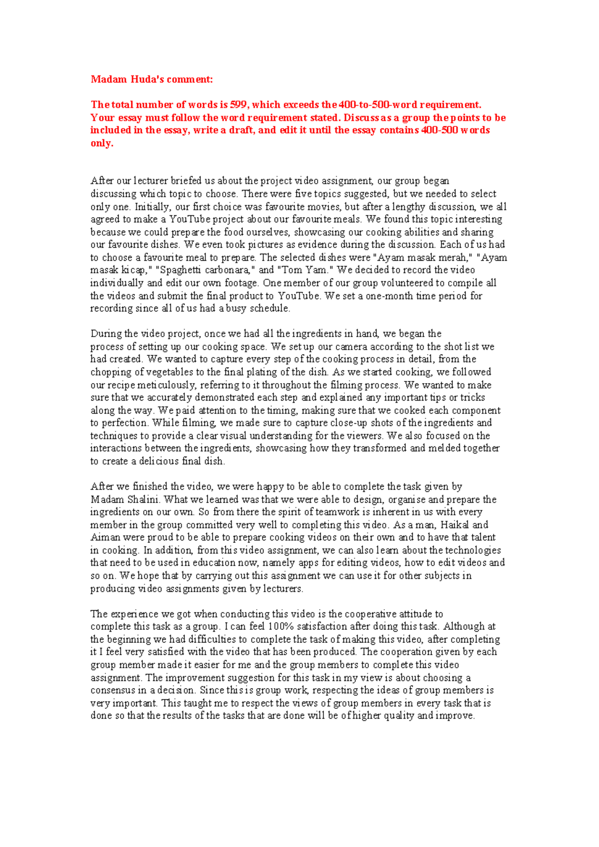 Sample 3 Reflective Writing - Madam Huda's comment: The total number of ...