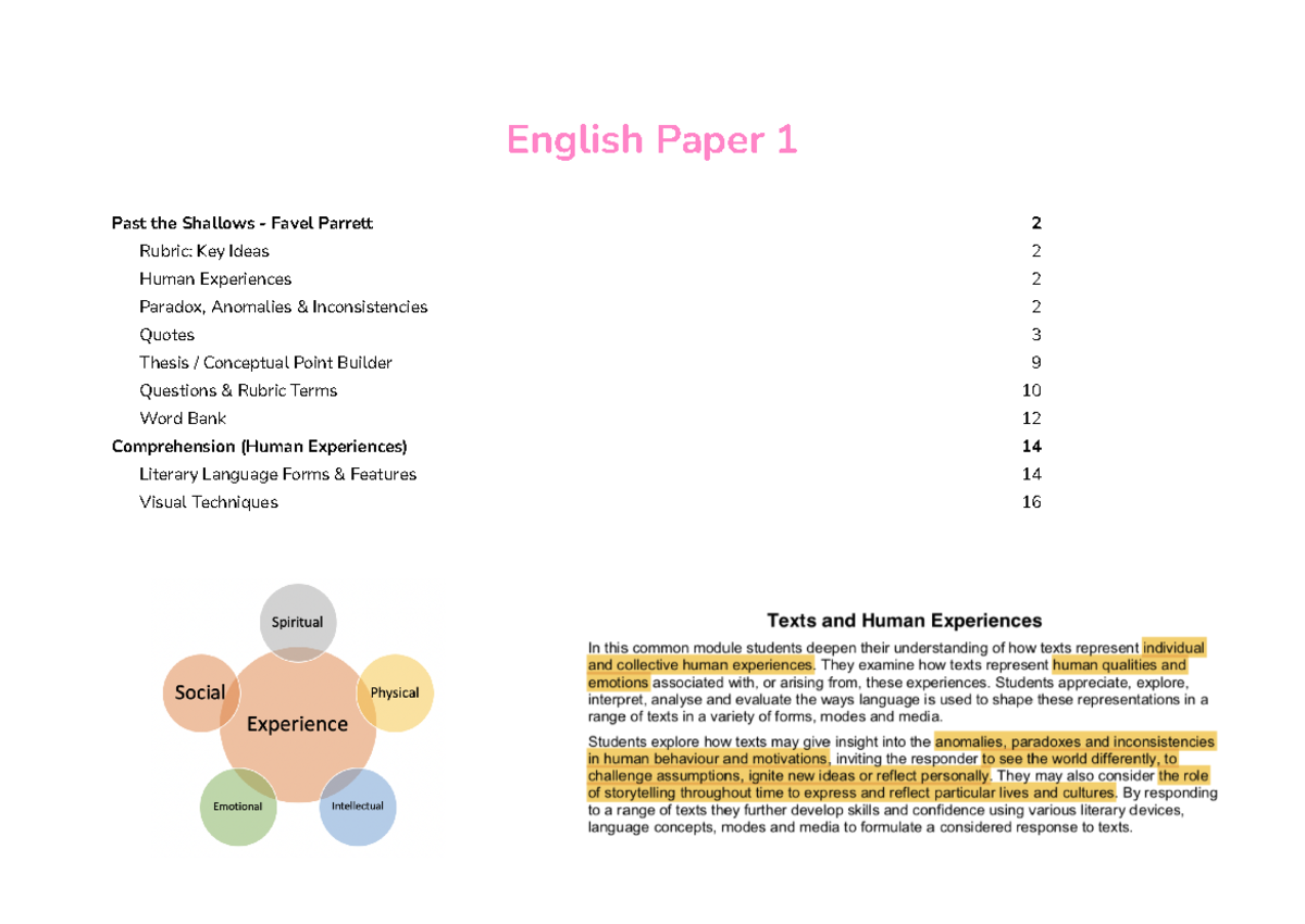 English Paper 1 HSC Study Guide: Exploring Human Experiences in "Past ...