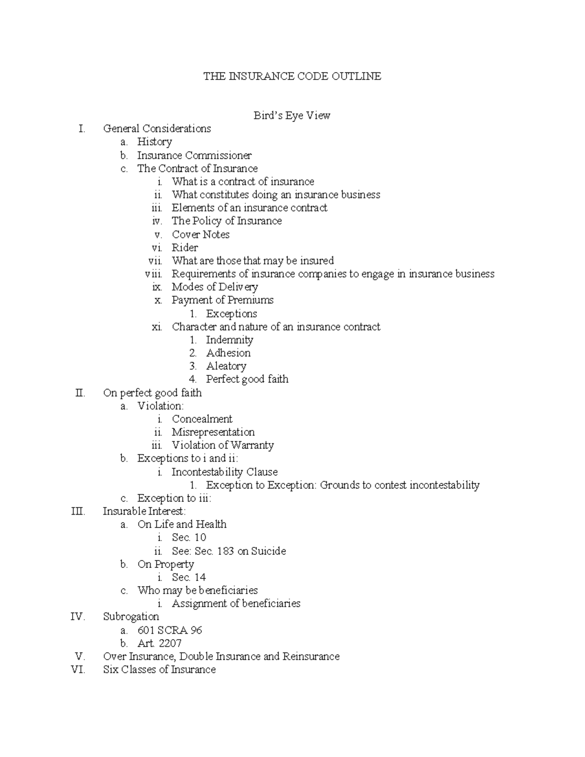 Insurance-outline - insurance - THE INSURANCE CODE OUTLINE Bird’s Eye ...