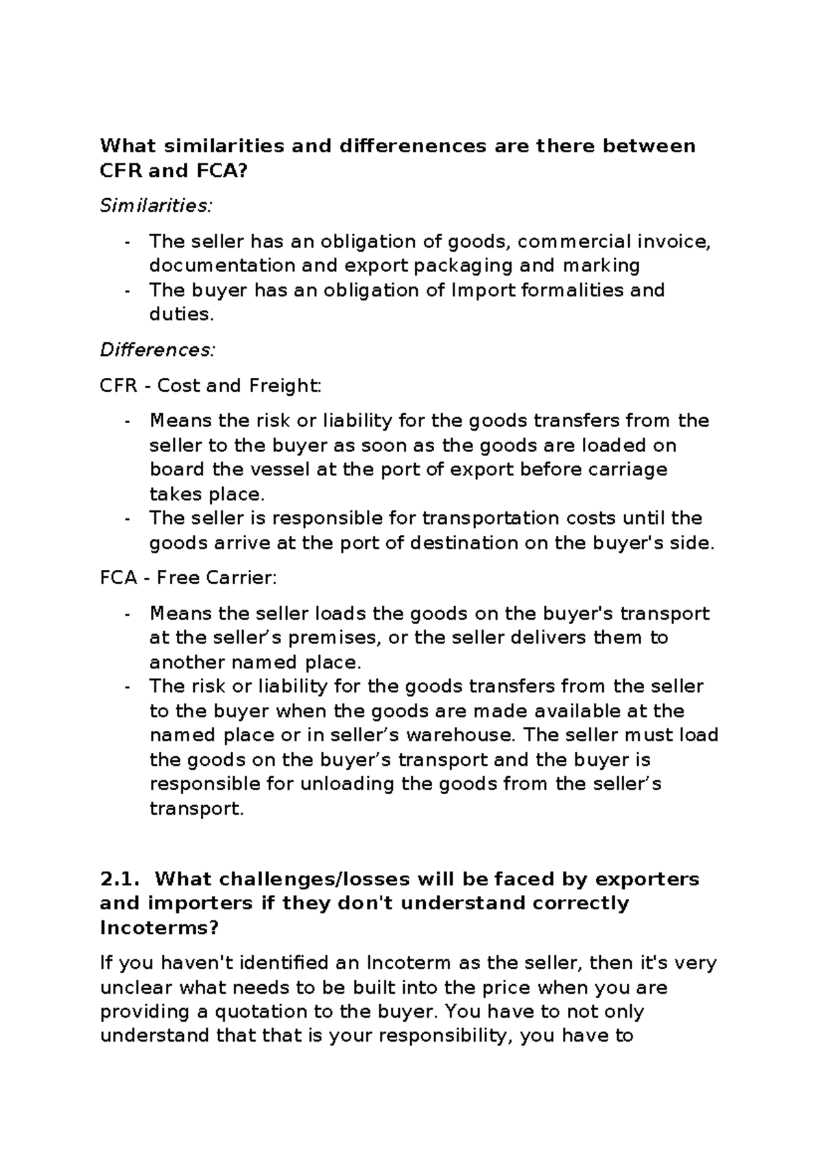 CFR vs FCA: Key Similarities and Differences in Incoterms - Studocu