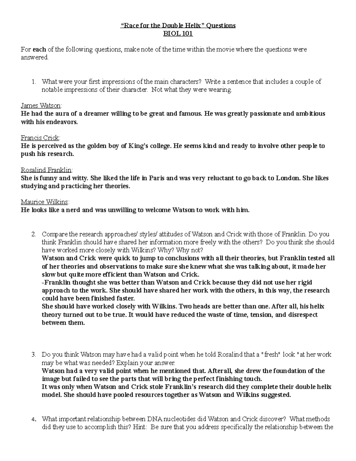 Race for the Double Helix - “Race for the Double Helix” Questions BIOL ...